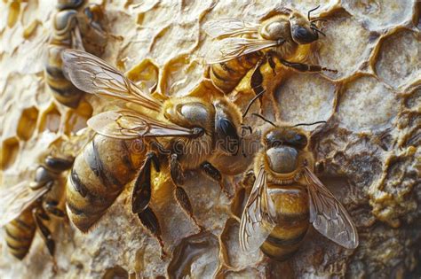 A High Detail Macro View Of Multiple Bees Clustering Around A Central