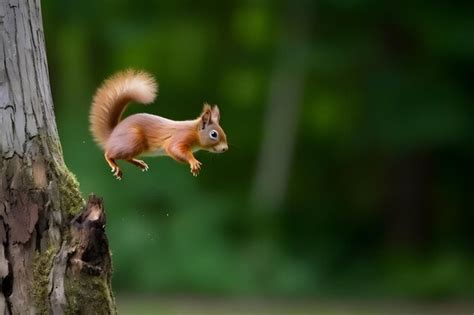 Premium Ai Image Eurasian Red Squirrel Sciurus Vulgaris Jumping In
