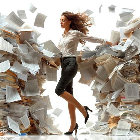 A Woman In A Skirt And Heels Is Surrounded By Papers Premium Ai