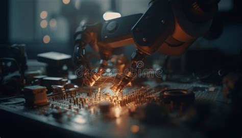 Robotic Arm Welding Metal With Precision In Futuristic Manufacturing Workshop Generated By Ai