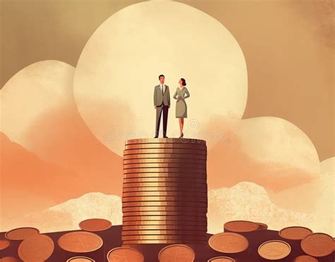 Gender Pay Gap Inequality Business Man And Woman On A Stack Of Coins