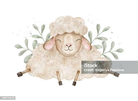 베이지색의 양과 나뭇잎 귀여운 솜털 아기 양이 잠을 자고 꿈을 꾸고 있습니다 고립 된 손으로 그린 어린이 수채화 그림 아동 용품 초대장 엽서 포스터 베이비 샤워 어린이 방의