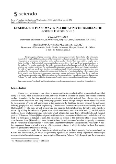 Pdf Generalized Plane Waves In A Rotating Thermoelastic Double Porous