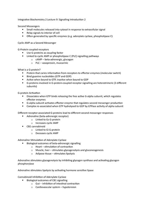 Lecture 9 Notes Signalling Introduction 2 Integrative Biochemistry