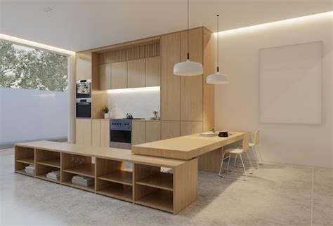 Premium Photo Animated Minimal Wooden Kitchen And Dining Table 3d