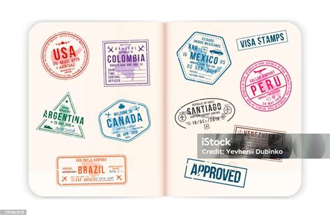 비자 스탬프와 현실적인 여권 페이지 맞춤형 비자 스탬프와 함께 외국 여권을 열었습니다 미국 국가로의 여행 컨셉 여권에 대한 스톡 벡터 아트 및 기타 이미지 Istock
