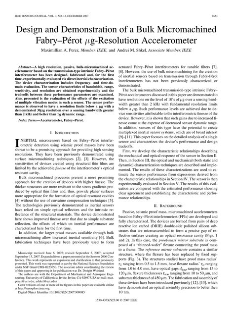 Pdf Design And Demonstration Of A Bulk Micromachined Fabry PÉrot μg Resolution Accelerometer