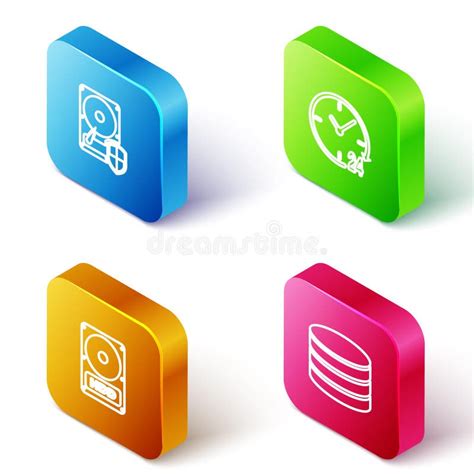 Set Isometric Line Hard Disk Drive Hdd Protection Clock 24 Hours And Database Icon Vector