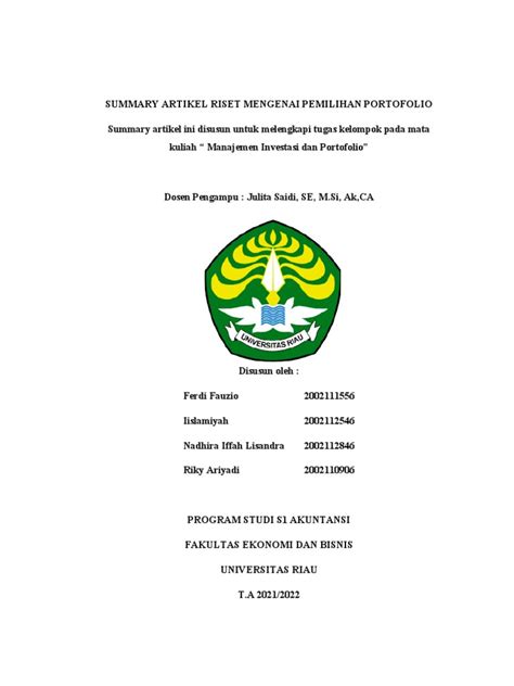 Summary Artikel Riset Mengenai Pemilihan Portofolio Kelompok 4 Pdf