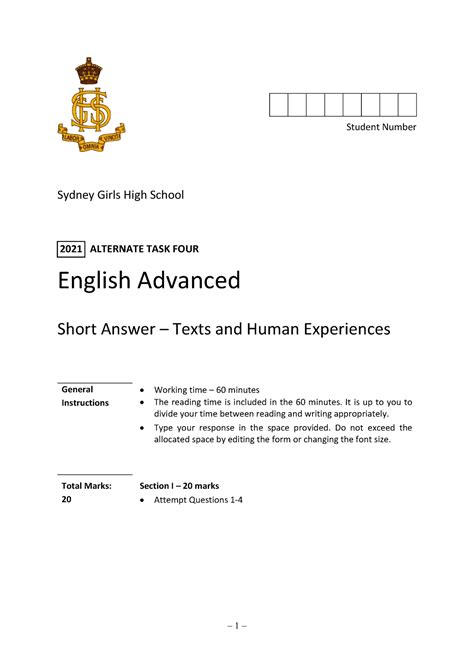 Sydney Girls 2021 English Trial Paper 1 Student Number Sydney Girls