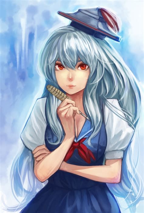 Safebooru Blue Hair Breasts Bukimi Isan Cleavage Dress Hat Highres