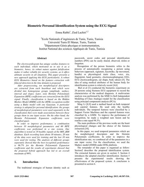 Pdf Biometric Personal Identification System Using The Ecg Signal