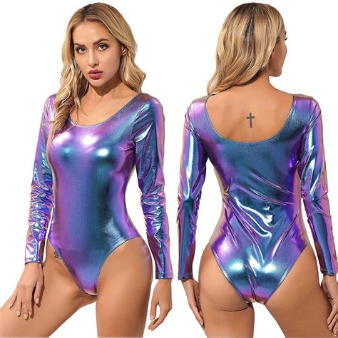 Aislor Women S Shiny Metallic Bodysuit One Piece Long Sleeve Leotard