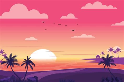 Premium Vector Dusk Beach Flat Vector Illustration
