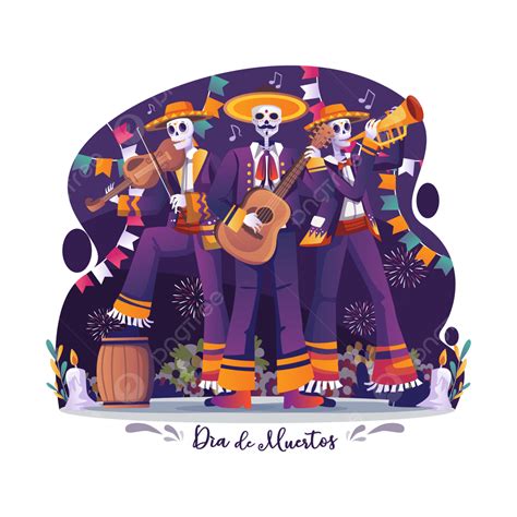 死亡之日 Dia De Los Muertos 與一群墨西哥流浪樂隊音樂家骨架在墨西哥節日嘉年華派對上演奏吉他小提琴和小號 平面樣式矢量圖