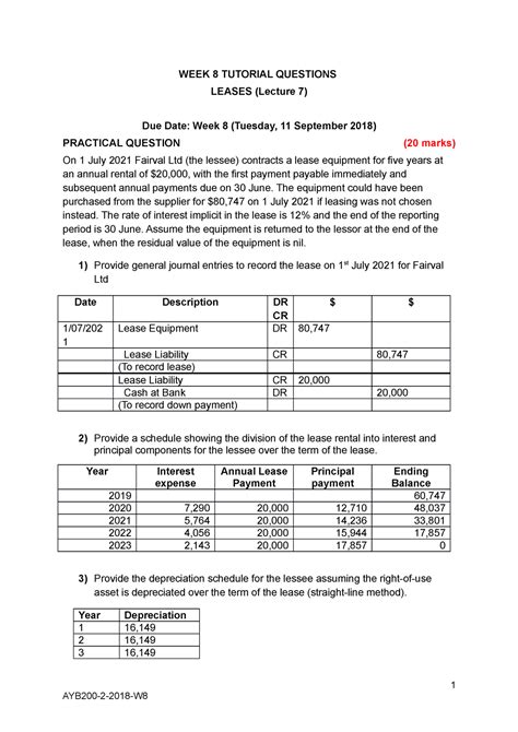 Ayb200 2 2018 W8 Tutorial Questions Week 8 Tutorial Questions Leases