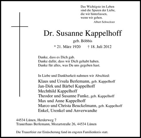 Traueranzeigen Von Susanne Kappelhoff Trauer In Nrwde