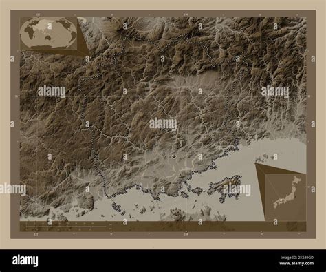Okayama Prefecture Of Japan Elevation Map Colored In Sepia Tones With