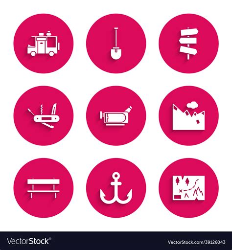 Set Cinema Camera Anchor Folded Map Royalty Free Vector