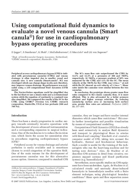 Pdf Using Computational Fluid Dynamics To Evaluate A Novel Venous Cannula Smart Canula For
