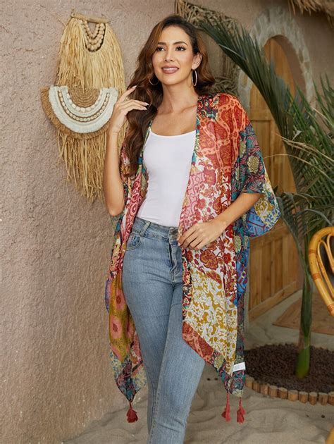 Patchwork Print Tassel Trim Kimono Shein Uk