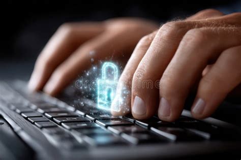 Hands Typing On Keyboard With Digital Lock Symbol Representing Cybersecurity Awareness Stock