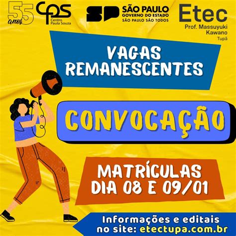 Edital Vagas Remanescentes 2°2025 Etec Tupã Prof Massuyuki Kawano