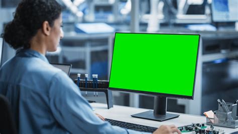 Hispanic Female Robotics Engineer Using Desktop Computer With Green Screen Chromakey Mock Up