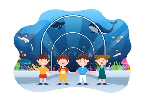 Plantilla Acuario Ilustración De Dibujos a Mano Con Niños Mirando Peces