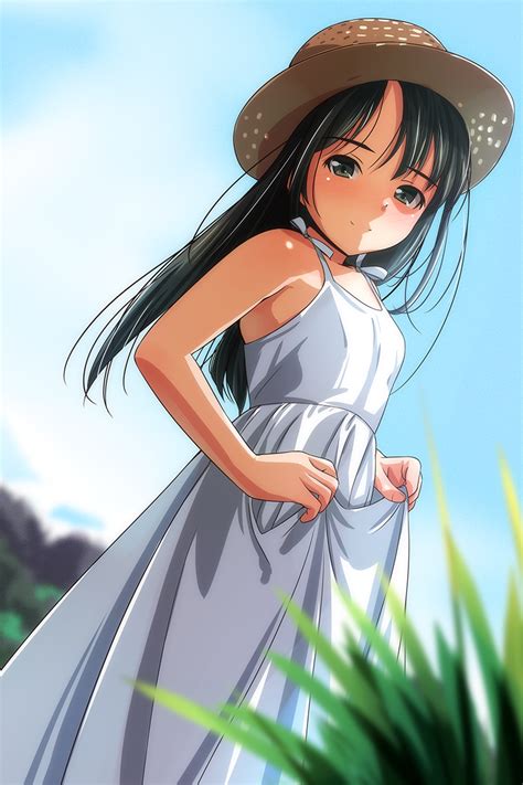 Safebooru 1girl Bare Shoulders Black Hair Blue Sky Blurry Blurry