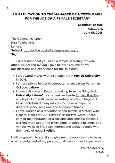 Solved Job Application For Female Secretary To The Manager Of Mills