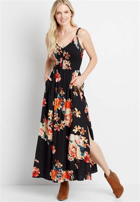 Black Floral Smocked Top Maxi Dress Maurices
