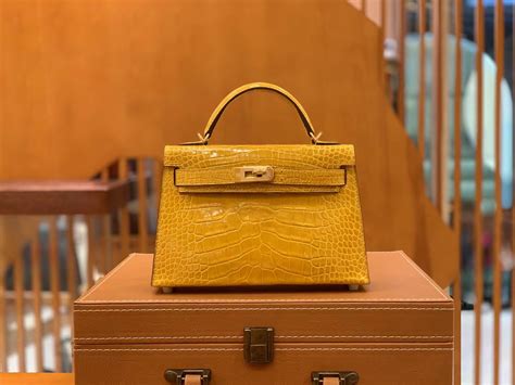 Best Hermes Mini Kelly Cm Shiny Alligator Crocodile Amber Yellow Gold Hardware Full Handmade