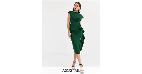 Asos Asos Design Tall Peplum Pencil Midi Dress With Tuck Detail In