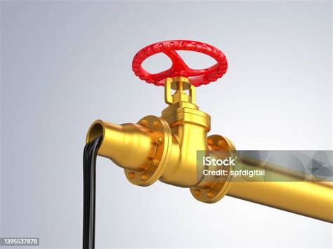 회색으로 격리 된 황금 산업 파이프 파이프에서 나오는 연료의 흐름 제재의 개념을 드러내는 금융 은유 3d 일러스트 레이 션 3차원 형태에 대한 스톡 사진 및 기타 이미지