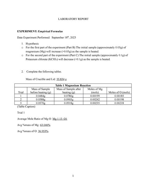 Exp 7 Empirical Formula Calculations Laboratory Report Experiment
