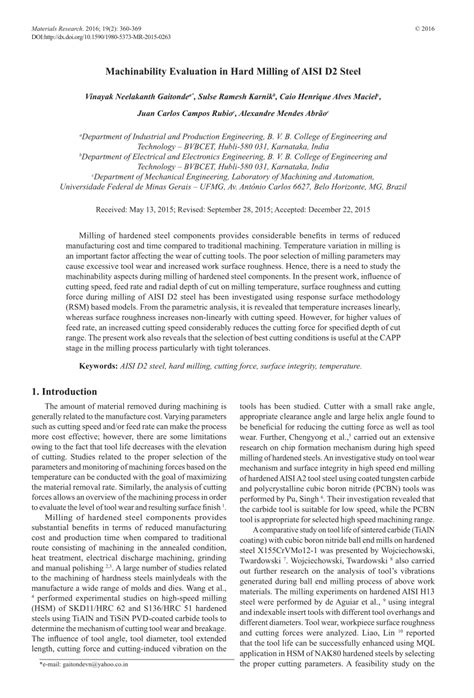 Pdf Machinability Evaluation In Hard Milling Of Aisi D2 Steel