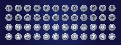 게임 또는 앱 인터페이스 메뉴 Ui 디자인 요소에 대한 돌 질감 버튼 설정 사용자 키 화살표 기어 일시 중지 및 알림 벨 재생 확대축소 설정 메시지 홈 페이지 질문 별