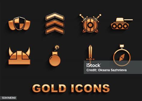 폭탄을 폭발 할 준비가 설정 군사 탱크 나침반 중세 칼 뿔 헬멧에 바이킹 교차 검나무 방패 방패와 순위 아이콘 벡터 검은색에