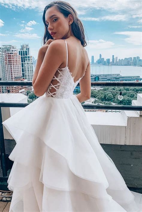 V Neck White Lace Fluffy Long Prom Dress White Lace Formal Evening Dr