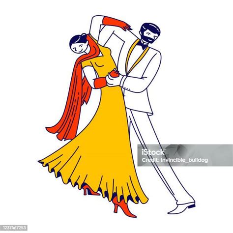 젊은 커플 춤 왈츠 또는 탱고 사람들 활동적인 라이프 스타일 남자와 여자 댄서 파트너 캐릭터는 함께 시간을 보낸다 댄스 레저 여가 시간 공연 또는 취미 선형 벡터