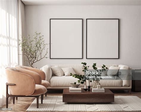 거실 벽에 모형 포스터 프레임 현대적인 디자인의 고급스러운 아파트 배경 현대적인 인테리어 디자인 3d 렌더링 3d 일러스트레이션 거실에 대한 스톡 사진 및 기타 이미지