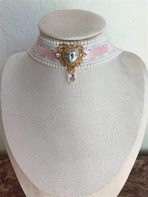 White And Pink Lace Choker With Crystal Gem Etsy