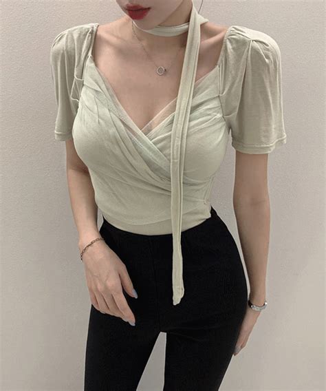 팔뚝살커버 타이SET 아리 쉬폰 시스루 랩 셔링 퍼프 반팔 티셔츠 에이블리