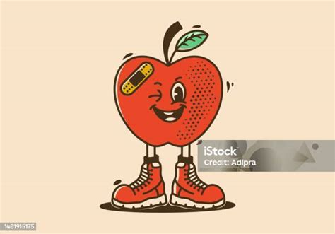 웃는 얼굴과 부츠 신발을 신고 있는 빨간 사과의 캐릭터 일러스트레이션 디자인 감정에 대한 스톡 벡터 아트 및 기타 이미지