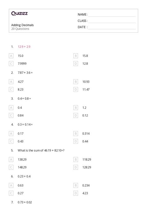 50 Adding Decimals Worksheets For 5th Grade On Quizizz Free And Printable