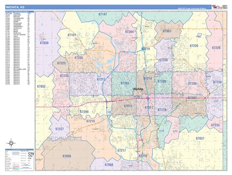 Colorcast Zip Code Style Wall Map Of Wichita Ks American Map Store