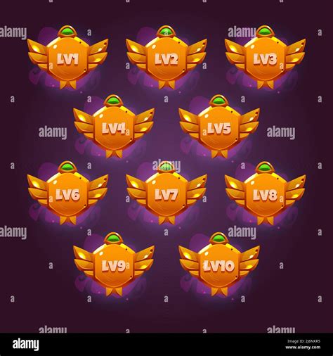 set of game level ui icons golden badges with wings shields or