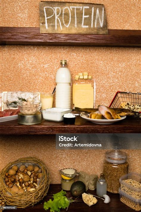 건강 한 단백질 소스 및 바디 빌딩 식품의 구색 고기 생선 닭고기 미트볼 달걀 유제품 치즈 요구르트 아보카도 콩 견과류 귀리