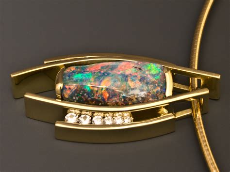 18ky Pendant W Boulder Opal And Diamonds